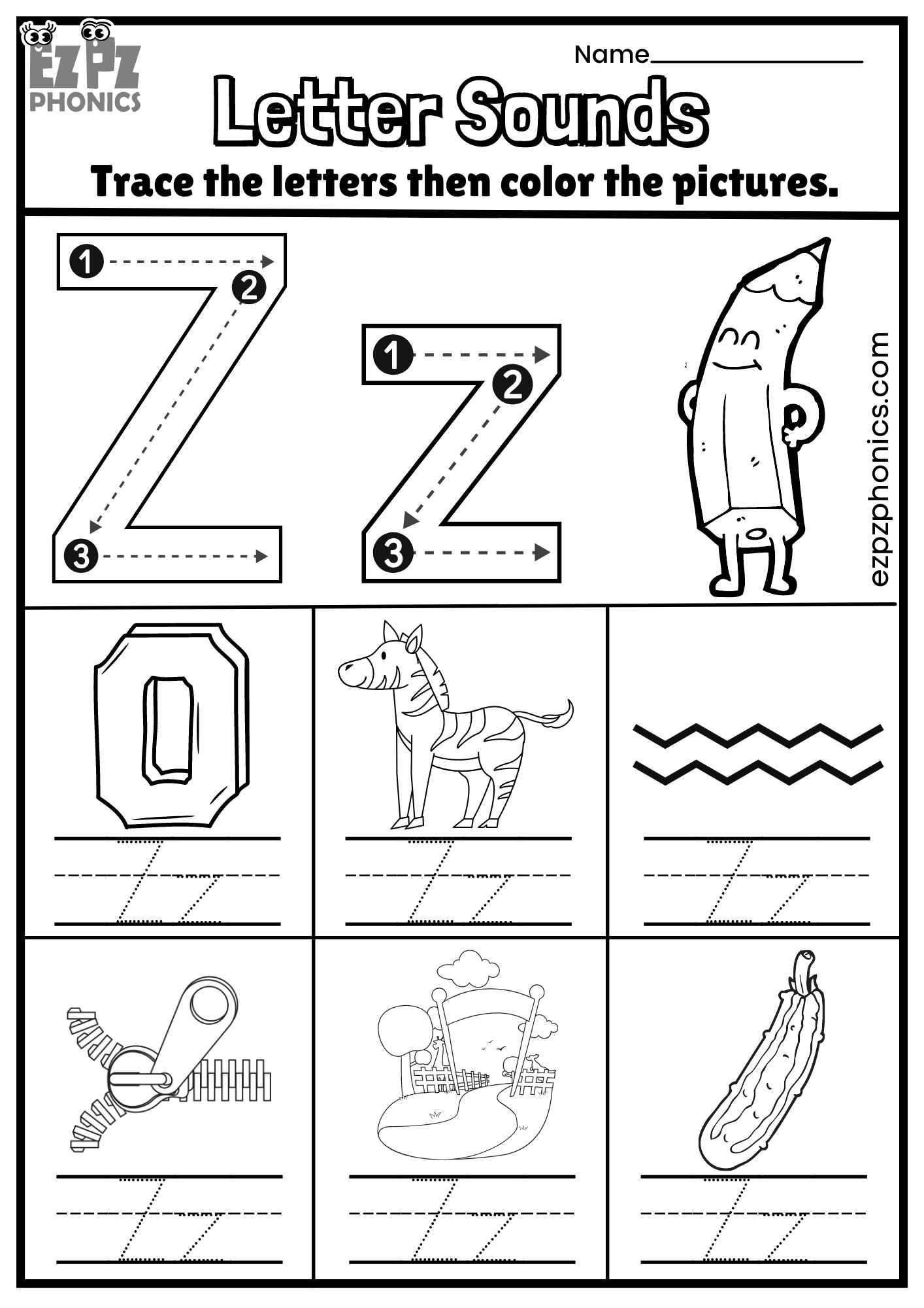 Letter Zz Trace and Color the Pictures Free PDF Download - ezpzphonics.com
